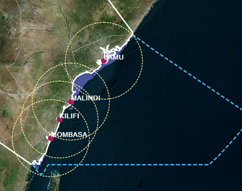 Offshore Wind Potential Area in Kenya (Windspeed at 100m in m/s ...