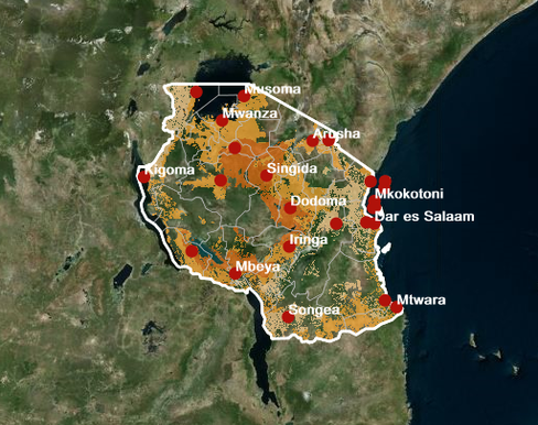 Solar Potential Area in Tanzania (Direct Normal Irradiation: DNI in kWh ...