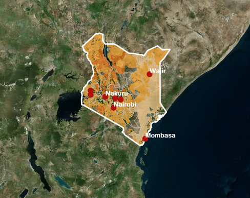 Solar Potential Area in Kenya (Direct Normal Irradiation: DNI in kWh/m2 ...
