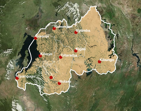 Solar Potential Area in Rwanda (Direct Normal Irradiation: DNI in kWh ...